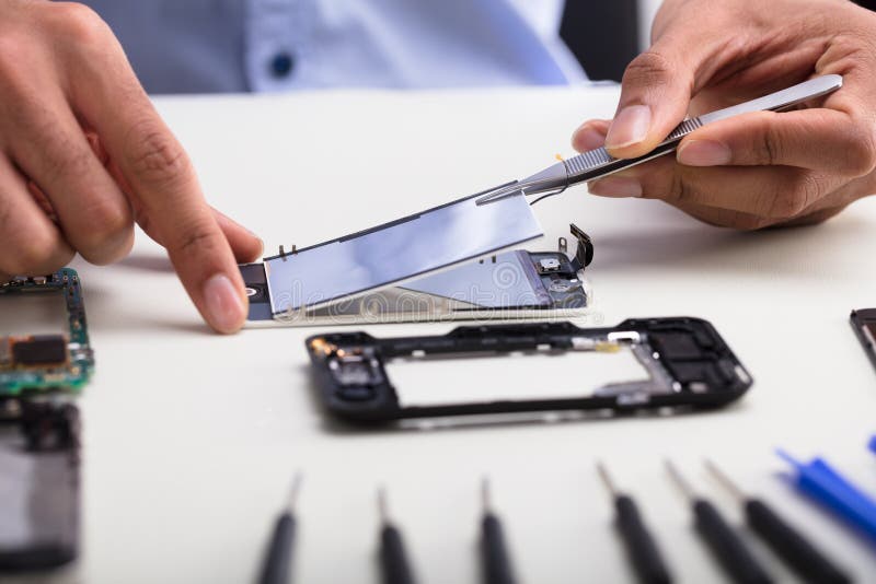 Technician Fixing Damaged Screen on Mobile Phone Stock Image - Image of ...