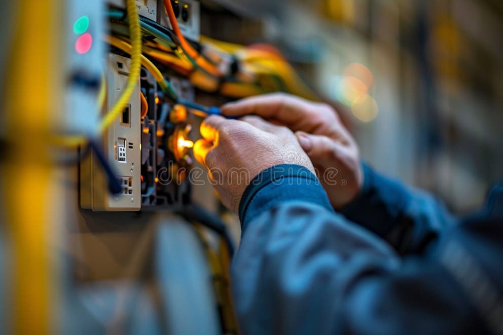 Technician Fixing Wires in a Circuit Panel Stock Illustration ...