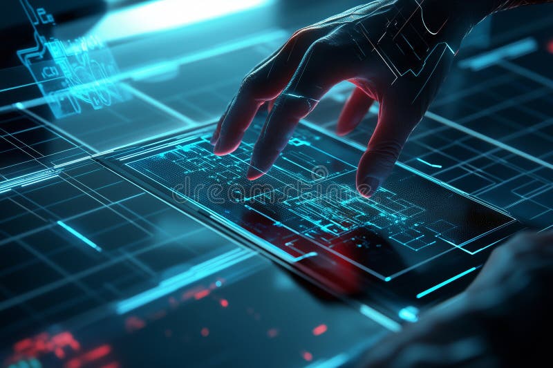 Technician Hand Adjusting Digital Touchscreen Interface Displaying Data ...