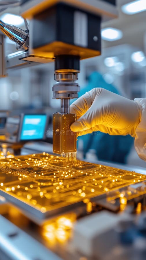 Technician Handling Glowing Circuit Board in Lab Environment Stock ...