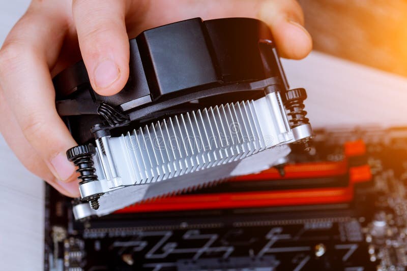 Technician Hands Installing CPU Cooler Fan on a Computer Pc Motherboard ... Technician Hands Installing CPU Cooler Fan on a Computer Pc Motherboard ...