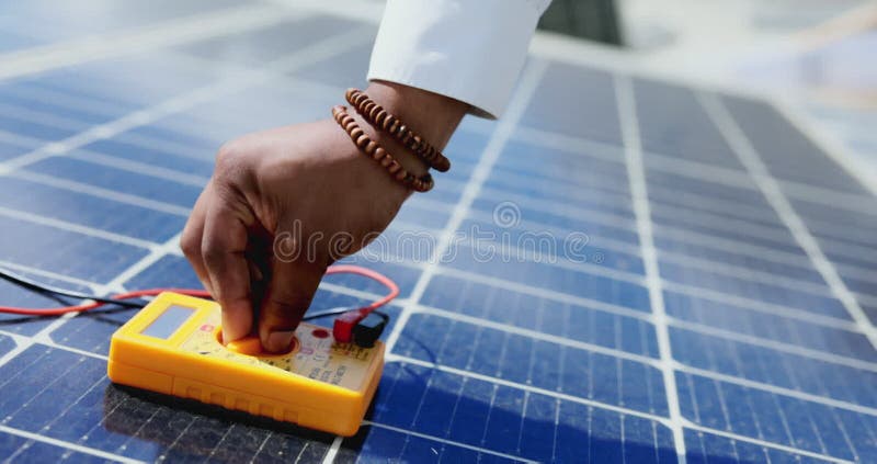 Technician, Hands and Multimeter Testing Solar Panels for Power or ...