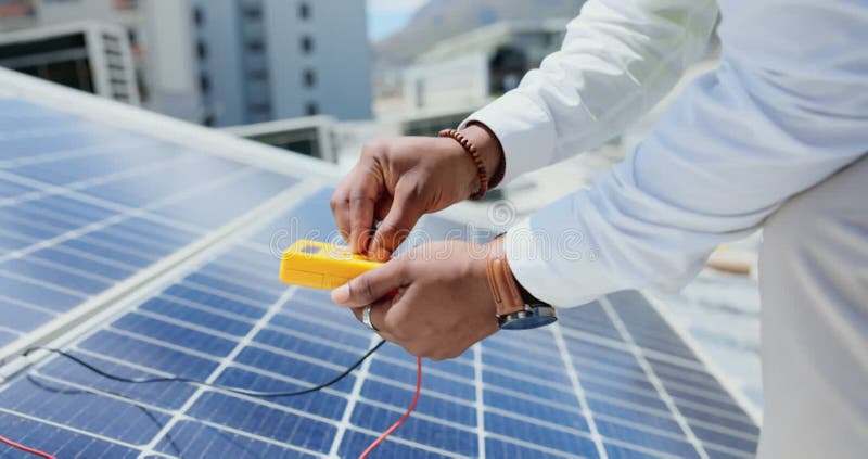 Technician, Hands and Multimeter Testing Solar Panels for Power or ...