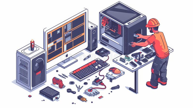 A Technician in a Hardhat Repairs a Desktop Computer Surrounded by ...