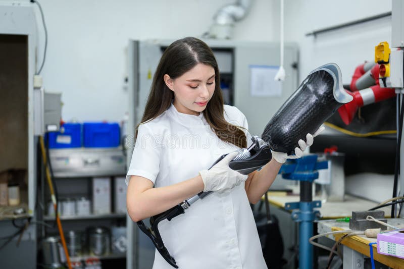 Technician Holding Prosthetic Leg Checking and Working in Laboratory ...