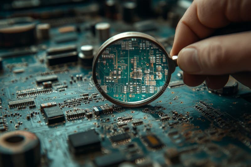 Technician Inspecting Electronic Circuit Board with Magnifying Glass ...