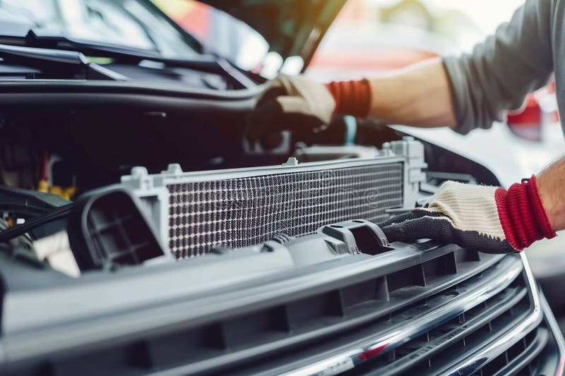 Technician is Inspecting Engine System, Car Radiator and Engine Cooling ...