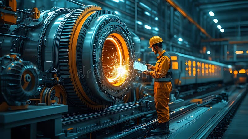 Technician Inspecting a Large Industrial Machine with Sparks Using a ...