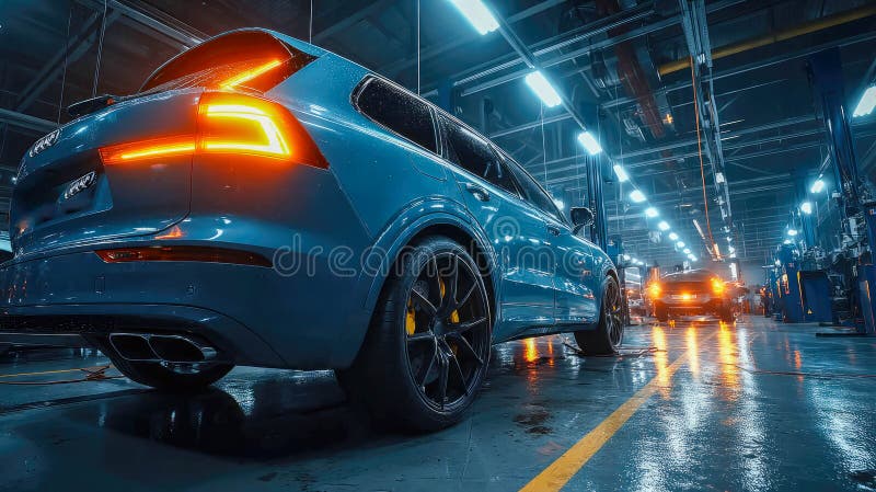 Technician Inspecting a Luxury Car Inside a Modern Automotive Testing ...