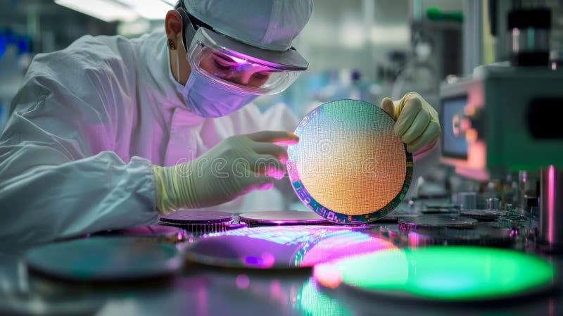 Technician Inspecting Silicon Wafer in Cleanroom Environment with ...