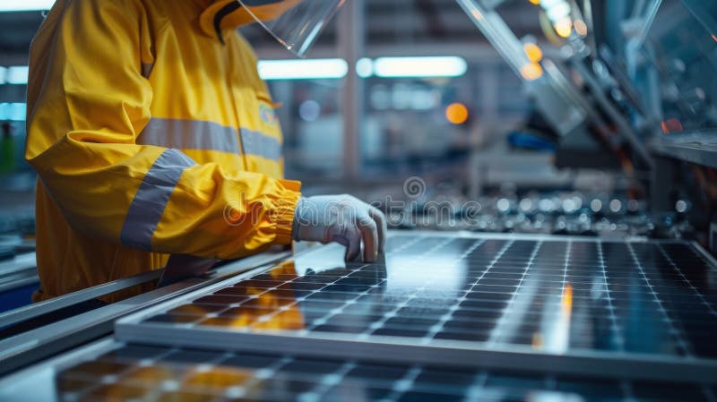 Technician Inspecting a Solar Panel Production Machine Tweaking ...