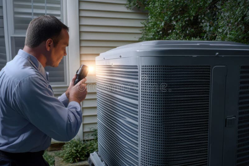Technician Inspects Air Conditioning Unit at Night Using Flashlight in ...