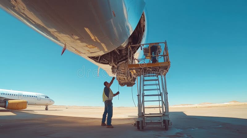 A Technician Inspects an Aircraft Engine Using a Ladder at an Airfield ...