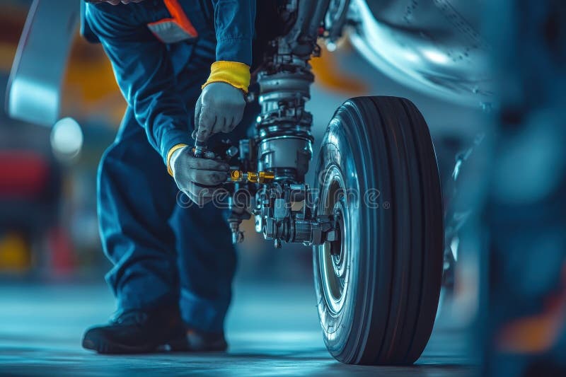 A Technician Inspects an Aircraft Wheel and Landing Gear in a ...