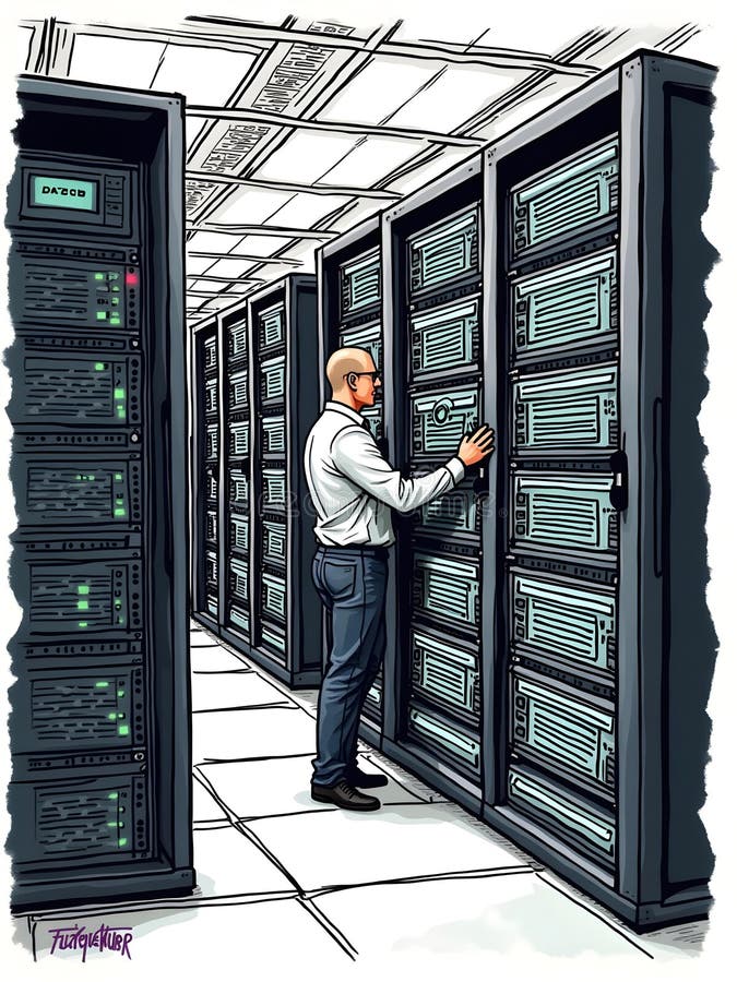 A Technician Inspects Server Racks Inside a Data Center, Overseeing ...
