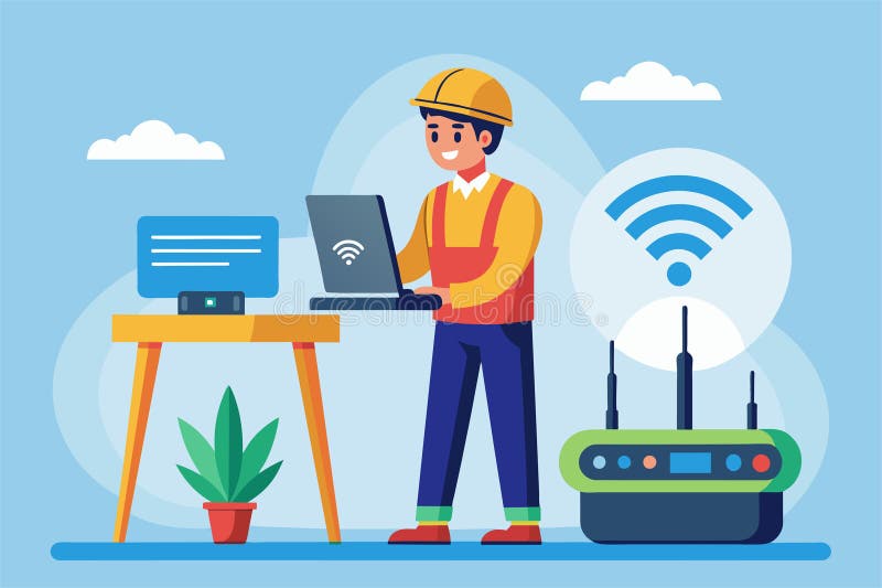 A Technician Inspects a Wifi Router while Using a Laptop in a Colorful ...