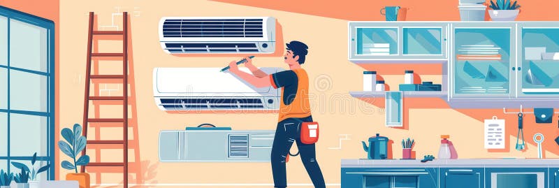 Technician Installing Air Conditioner in a Modern Kitchen Setting ...