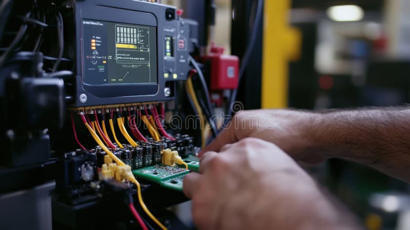 Technician Installing Components in Industrial Control Panel with ...