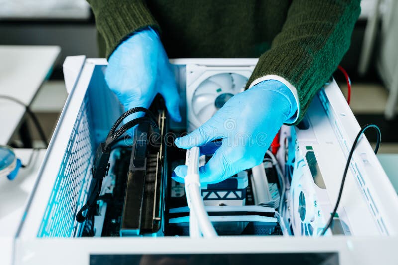 Technician Installing GPU in Custom PC Build Wearing Gloves. Concept of ...