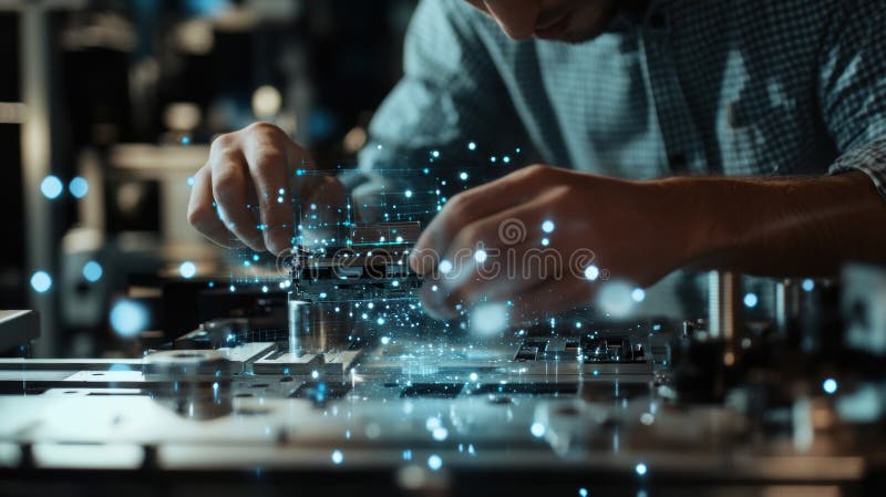 Technician Installing Hardware Component with Futuristic Digital ...