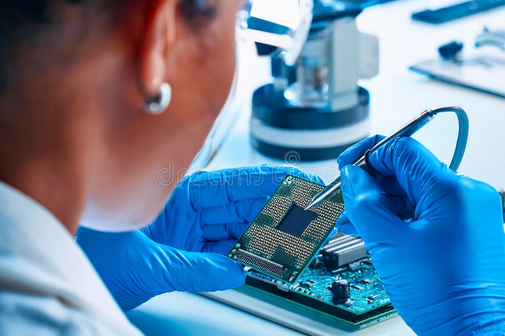 Technician Installing Microchip on Electronic Circuit Board Stock ...