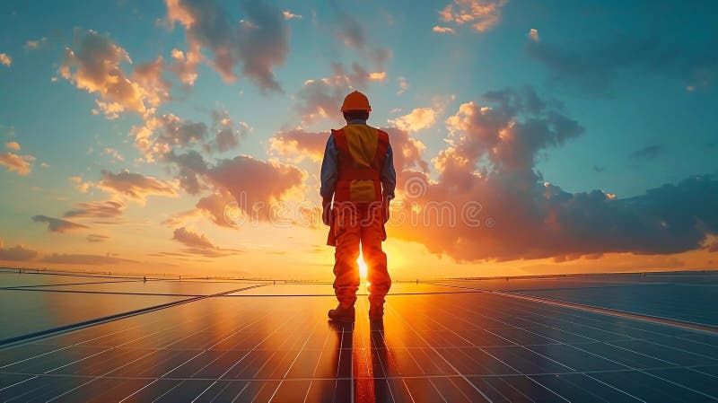 A Technician Installing Photovoltaic Solar Panel System on the Field at ...