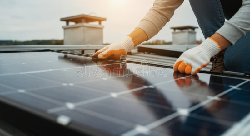 Technician Installing Solar Panel on Rooftop with Gloved Hands at ...