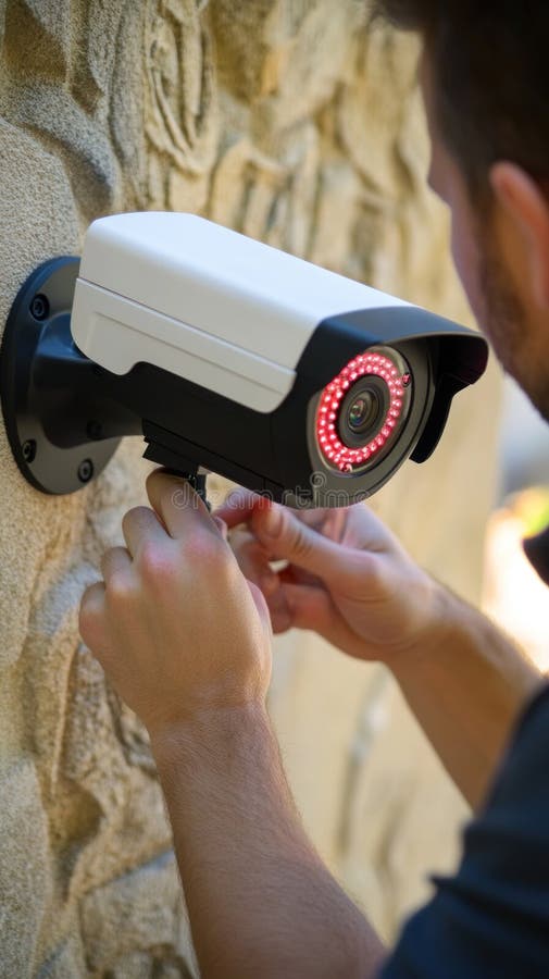 Technician Installing Surveillance Camera on Stone Wall Stock Image - Image of installation ...
