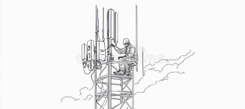 Technician Installing Telecommunication Equipment on Cell Tower with ...