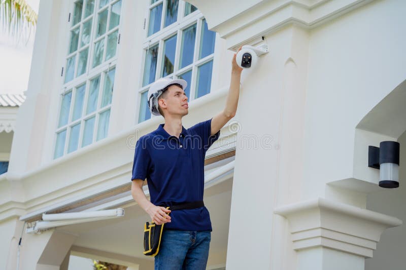 A Technician Installs a CCTV Camera on the Facade of a Residential ...