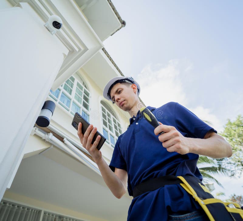 A Technician Installs a CCTV Camera on the Facade of a Residential ...
