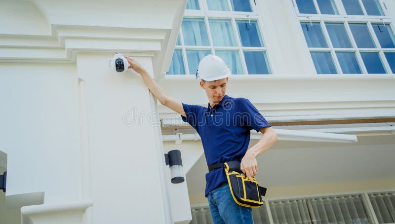 A Technician Installs a CCTV Camera on the Facade of a Residential ...