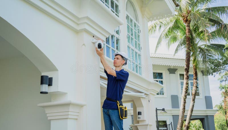 A Technician Installs a CCTV Camera on the Facade of a Residential ...