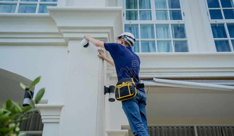 A Technician Installs a CCTV Camera on the Facade of a Residential ...