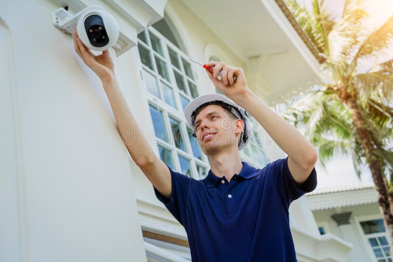 A Technician Installs a CCTV Camera on the Facade of a Residential ...