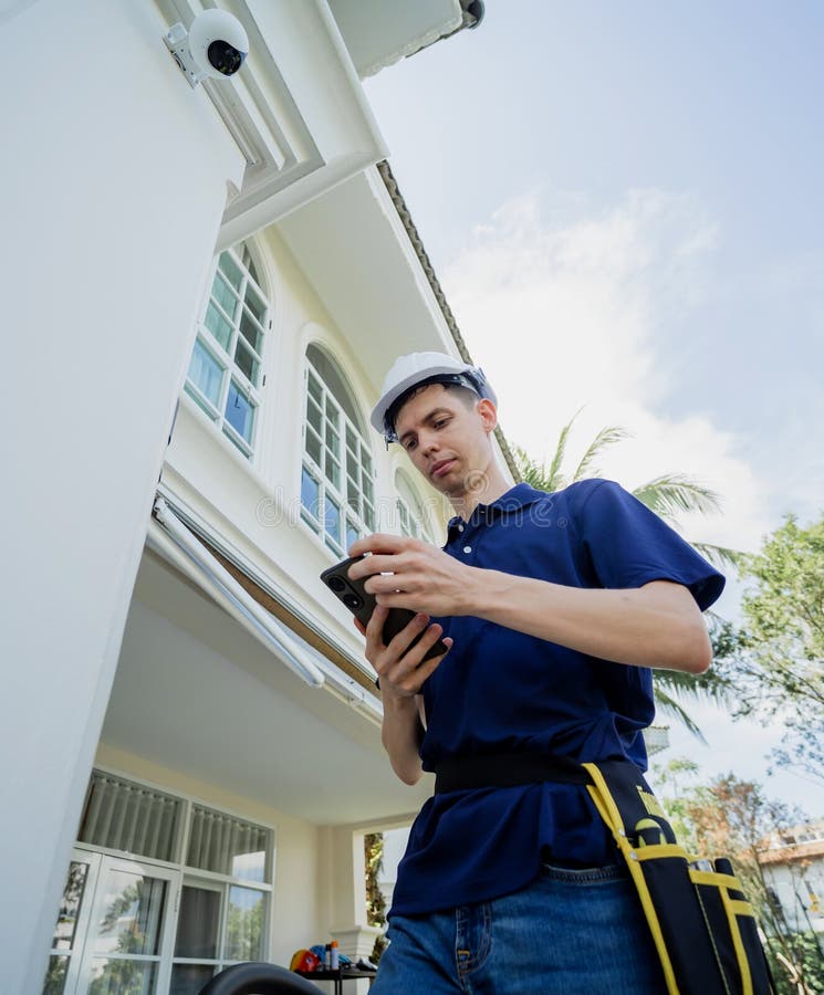 A Technician Installs a CCTV Camera on the Facade of a Residential ...