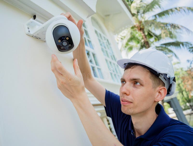 A Technician Installs a CCTV Camera on the Facade of a Residential ...