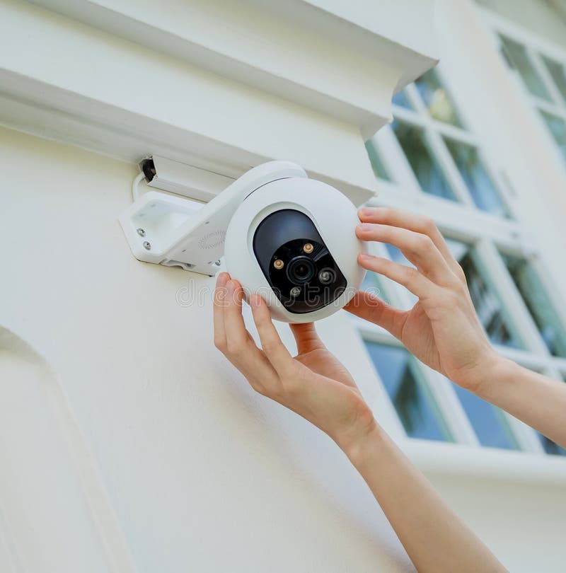 A Technician Installs a CCTV Camera on the Facade of a Residential ...