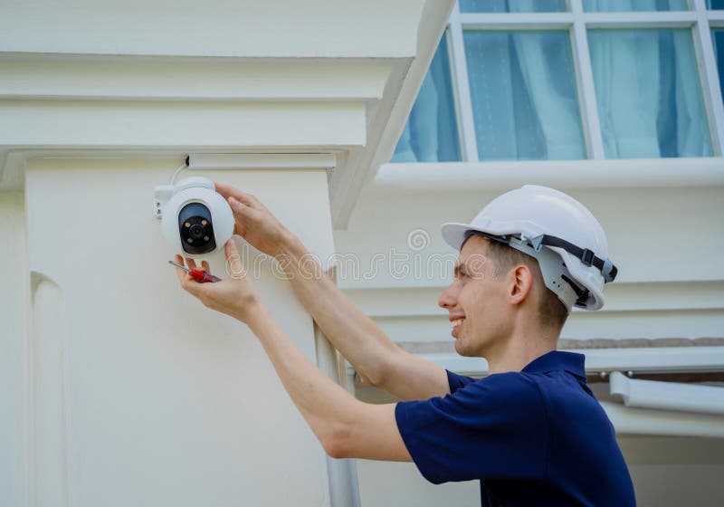 A Technician Installs a CCTV Camera on the Facade of a Residential ...