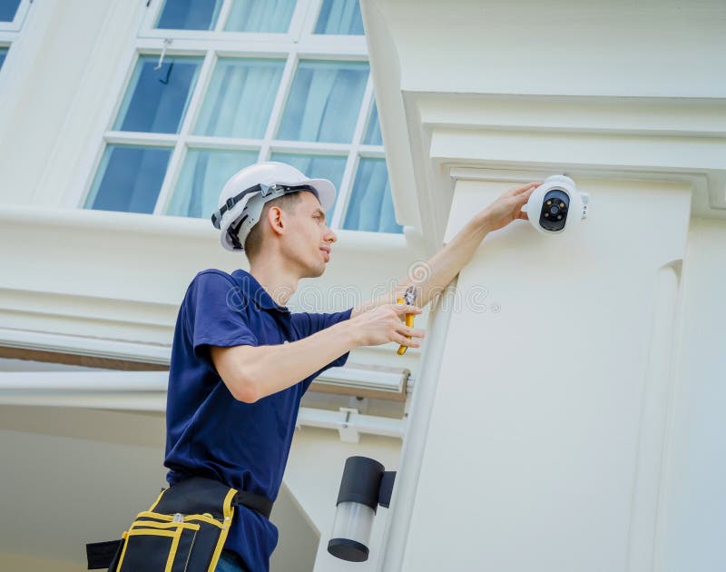 A Technician Installs a CCTV Camera on the Facade of a Residential ...