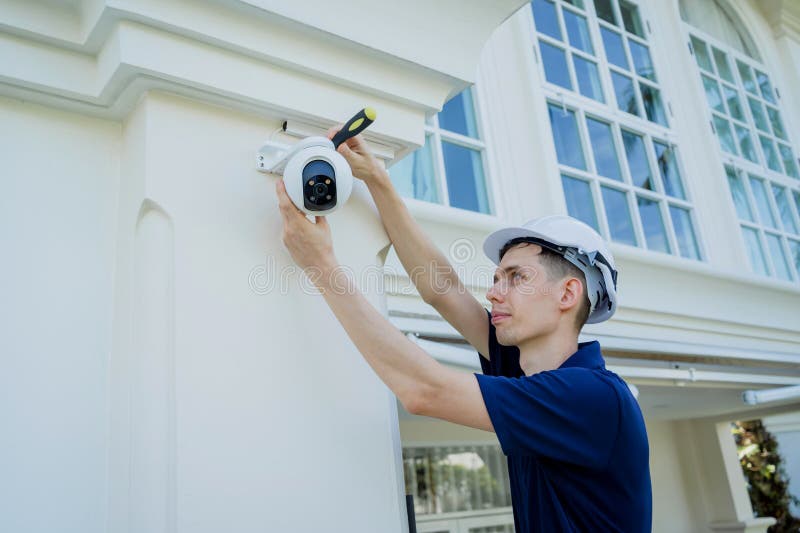 A Technician Installs a CCTV Camera on the Facade of a Residential ...