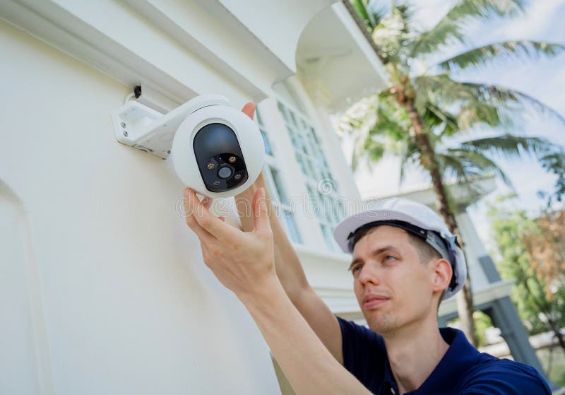 A Technician Installs a CCTV Camera on the Facade of a Residential ...