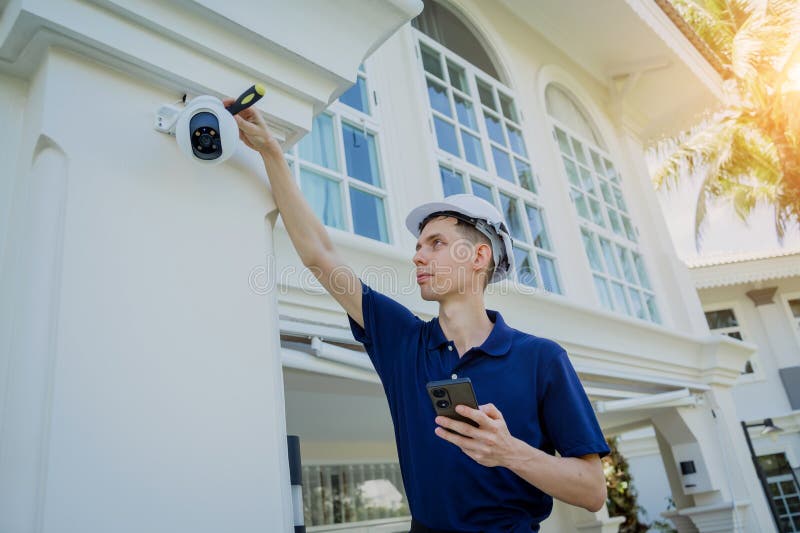 A Technician Installs a CCTV Camera on the Facade of a Residential ...