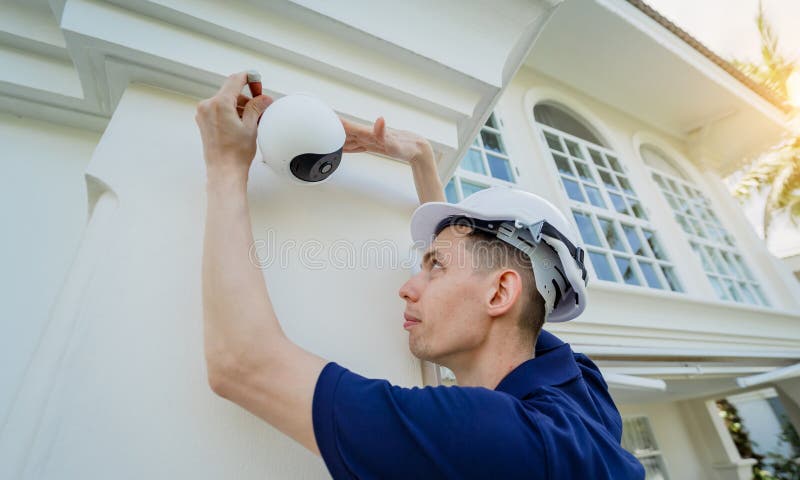 A Technician Installs a CCTV Camera on the Facade of a Residential ...