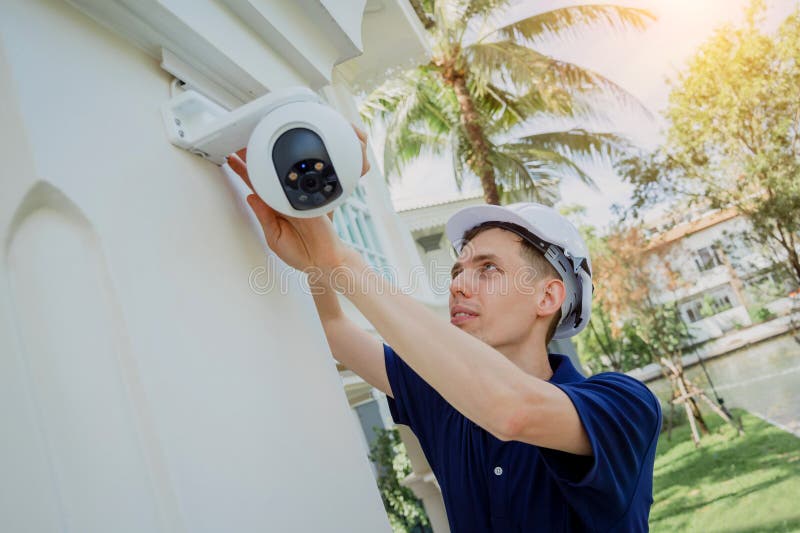 A Technician Installs a CCTV Camera on the Facade of a Residential ...