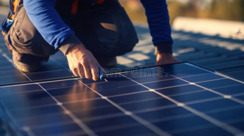 Technician Installs Solar Panel on Rooftop in Afternoon Light while ...