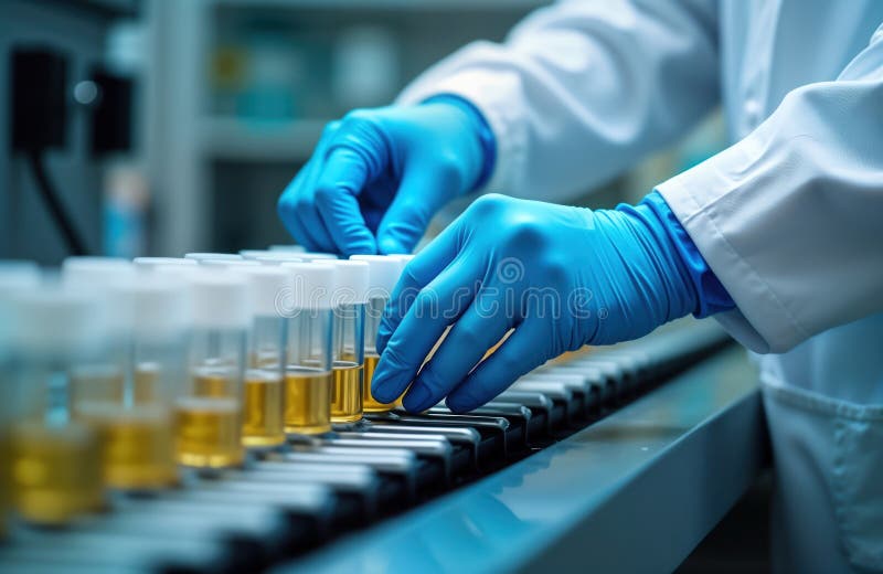 Technician in Lab Coat, Blue Gloves Works with Liquid Samples in Test ...