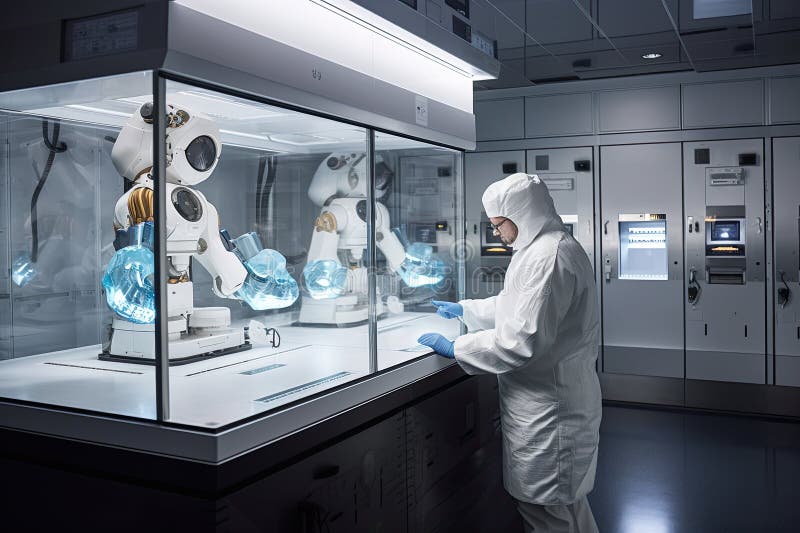A Technician in a Laboratory Looking at a Robot in Stock Illustration ...
