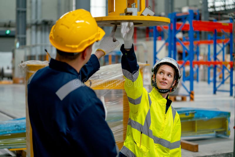 Technician Man Check Part of Machine with Factory Worker Woman Who ...