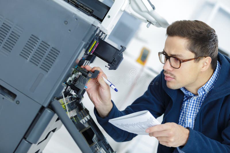 Technician Man Fixing Photo Copier Stock Image - Image of magenta ...